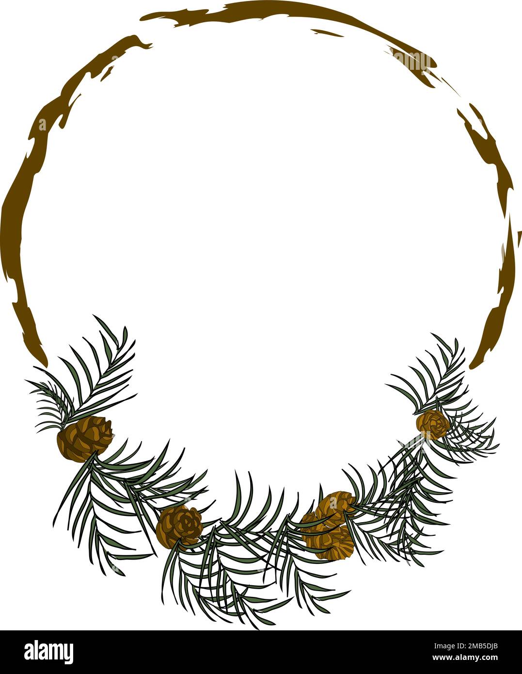 Uneven oval segment frame with pine branches and cones for New Year and ...
