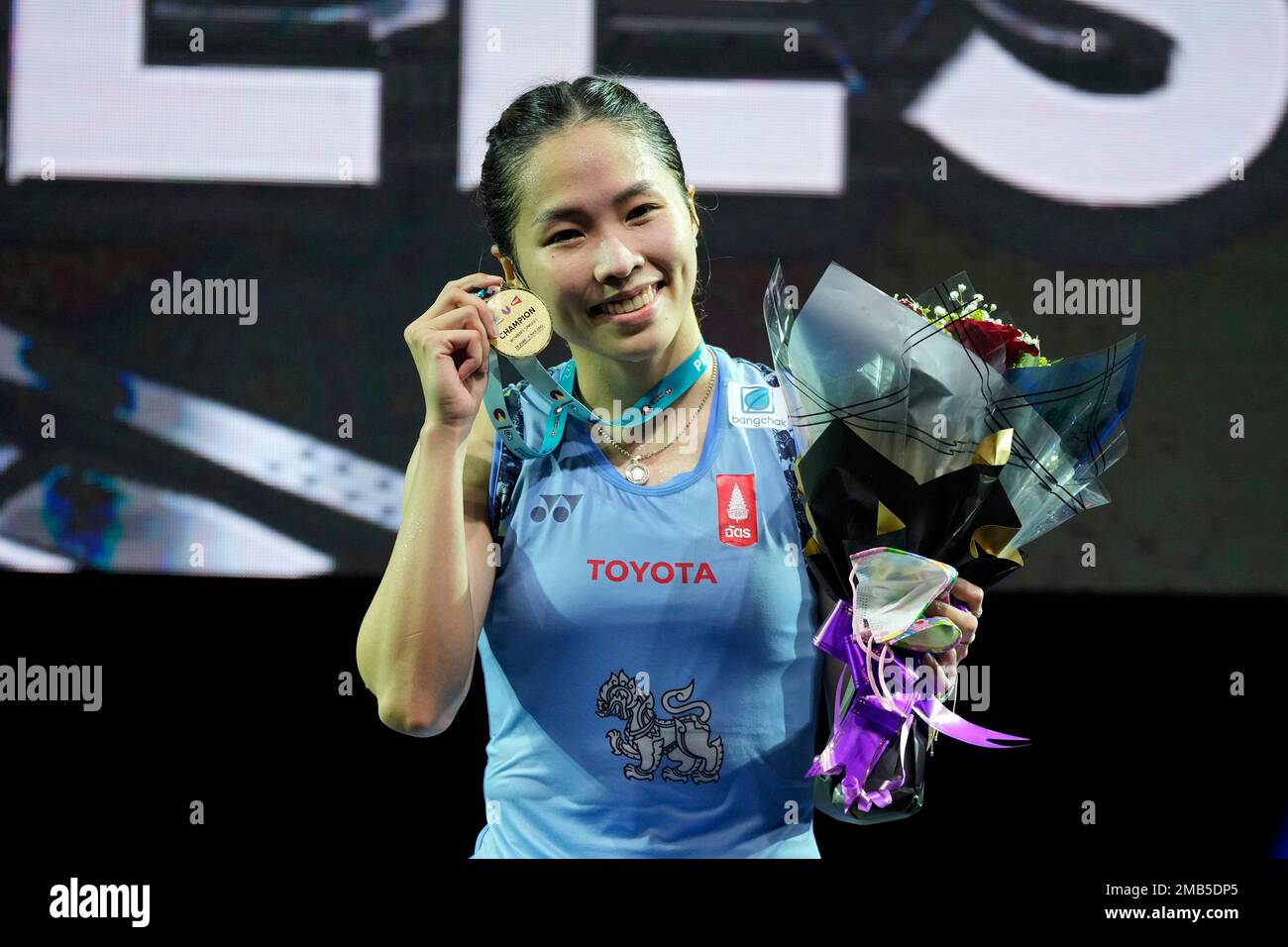Thailand's Ratchanok Intanon celebrates on the podium after defeating ...