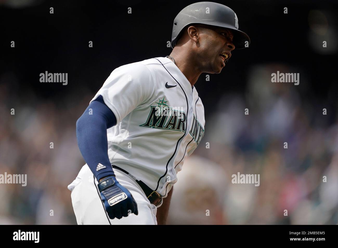 Seattle Mariners' Justin Upton reacts after he hit a solo home run ...