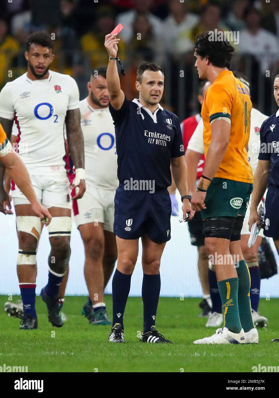Australia's Darcy Swain is shown a red card by referee James Doleman ...