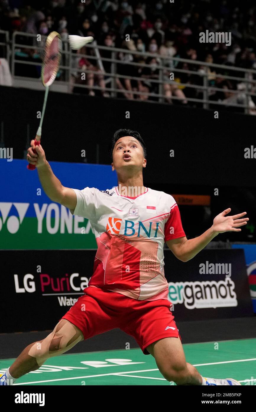 Indonesia's Anthony Sinisuka Ginting plays against Denmark's Viktor Axelsen during their men's ...