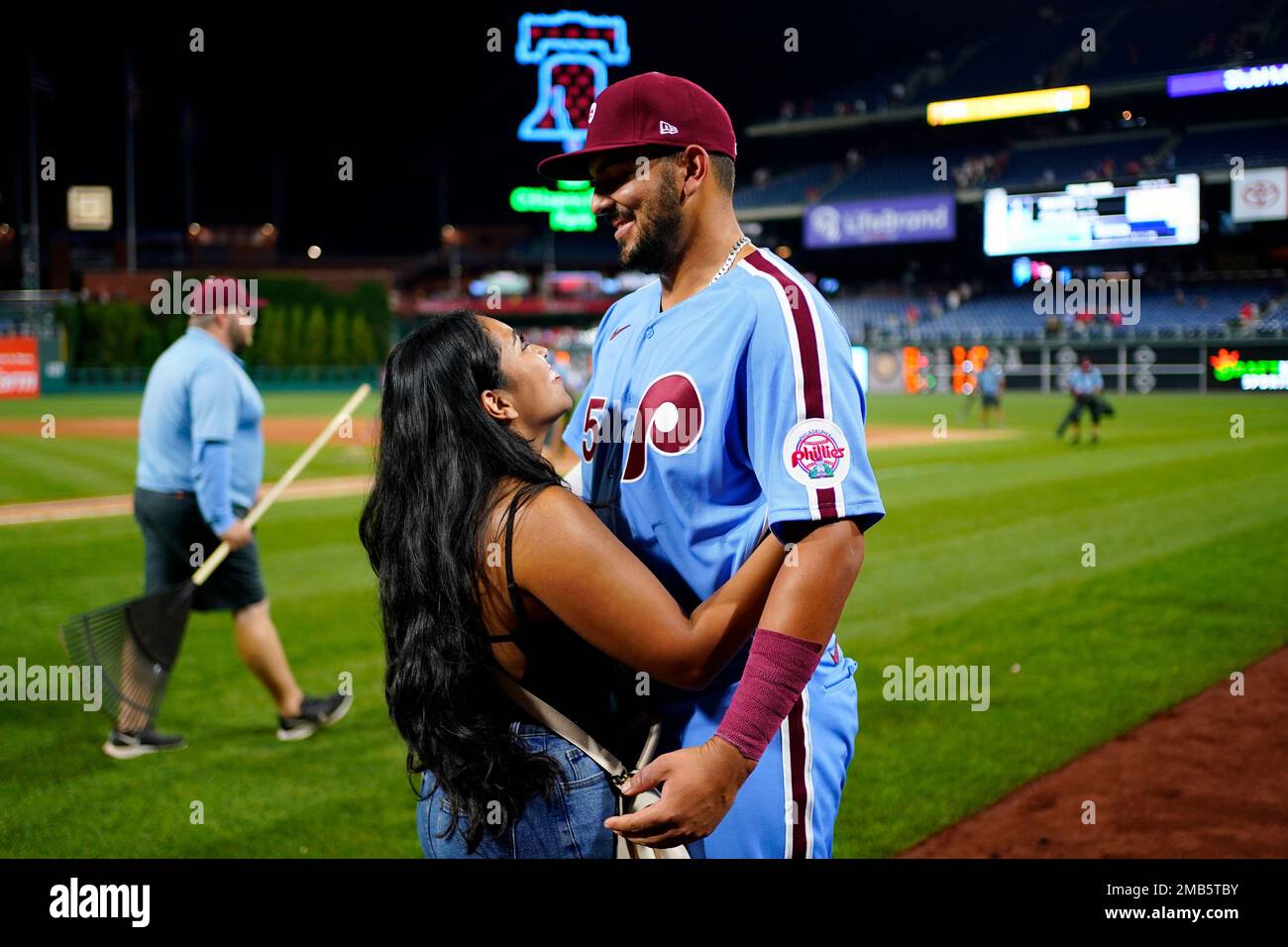 Philadelphia Phillies' Darick Hall, right, celebrates with his wife ...