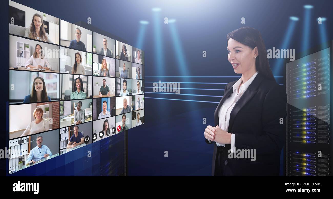 Speaker At Virtual Training Seminar. Training Conference With Audience ...