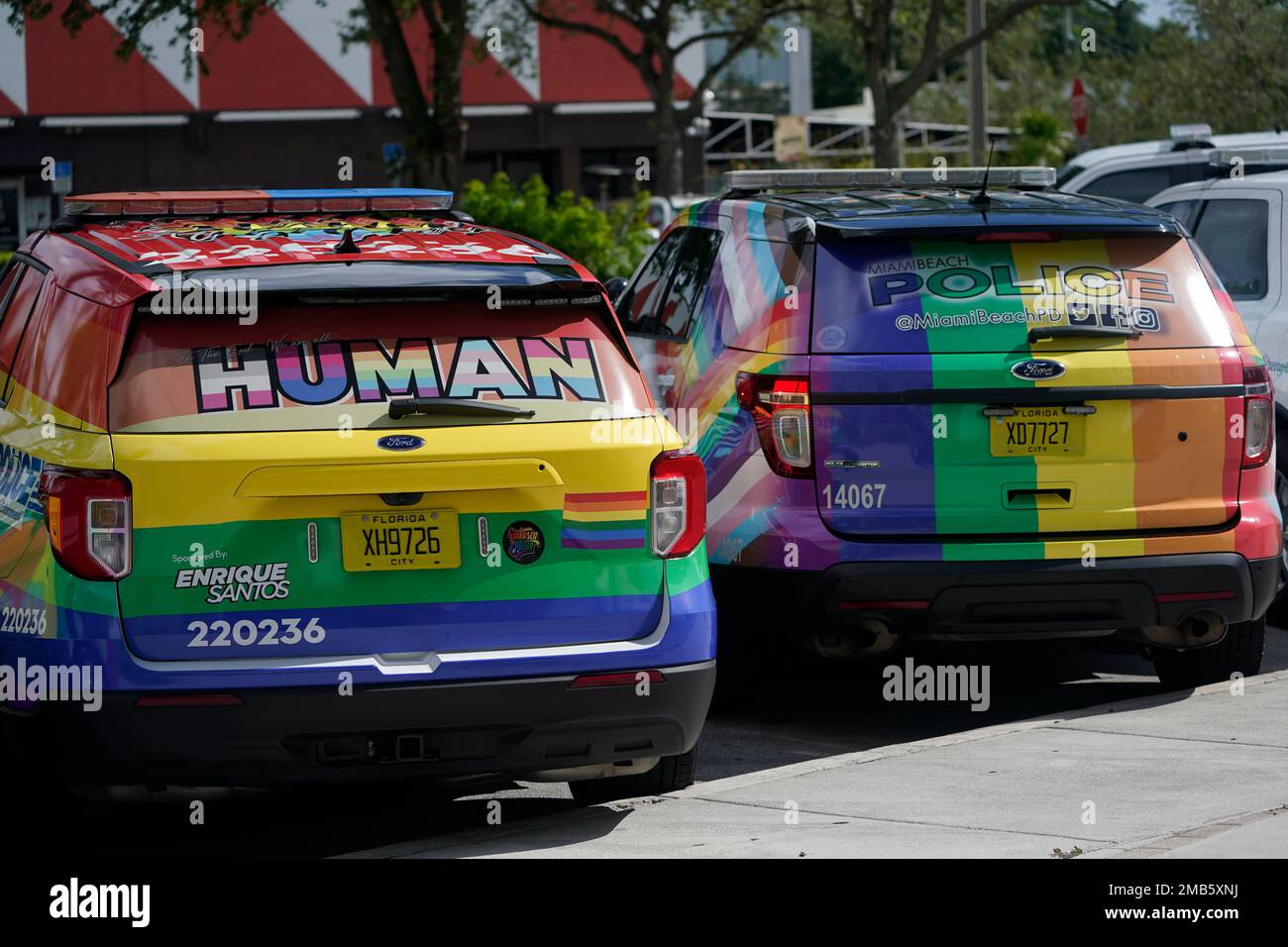 Police cars painted in the colors of the rainbow pride flag are shown ...
