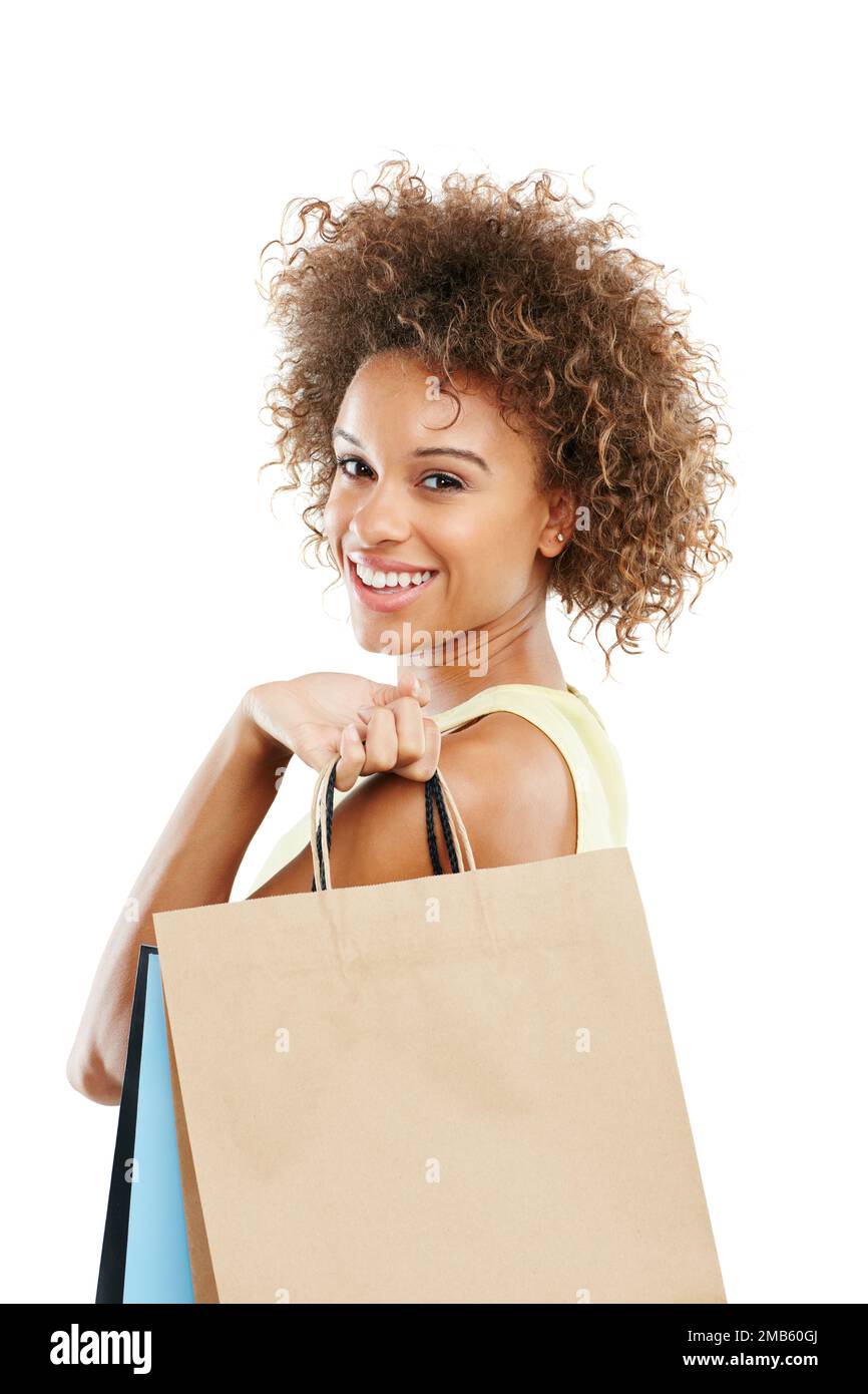 Retail, smile and portrait of shopping black woman or customer happy ...