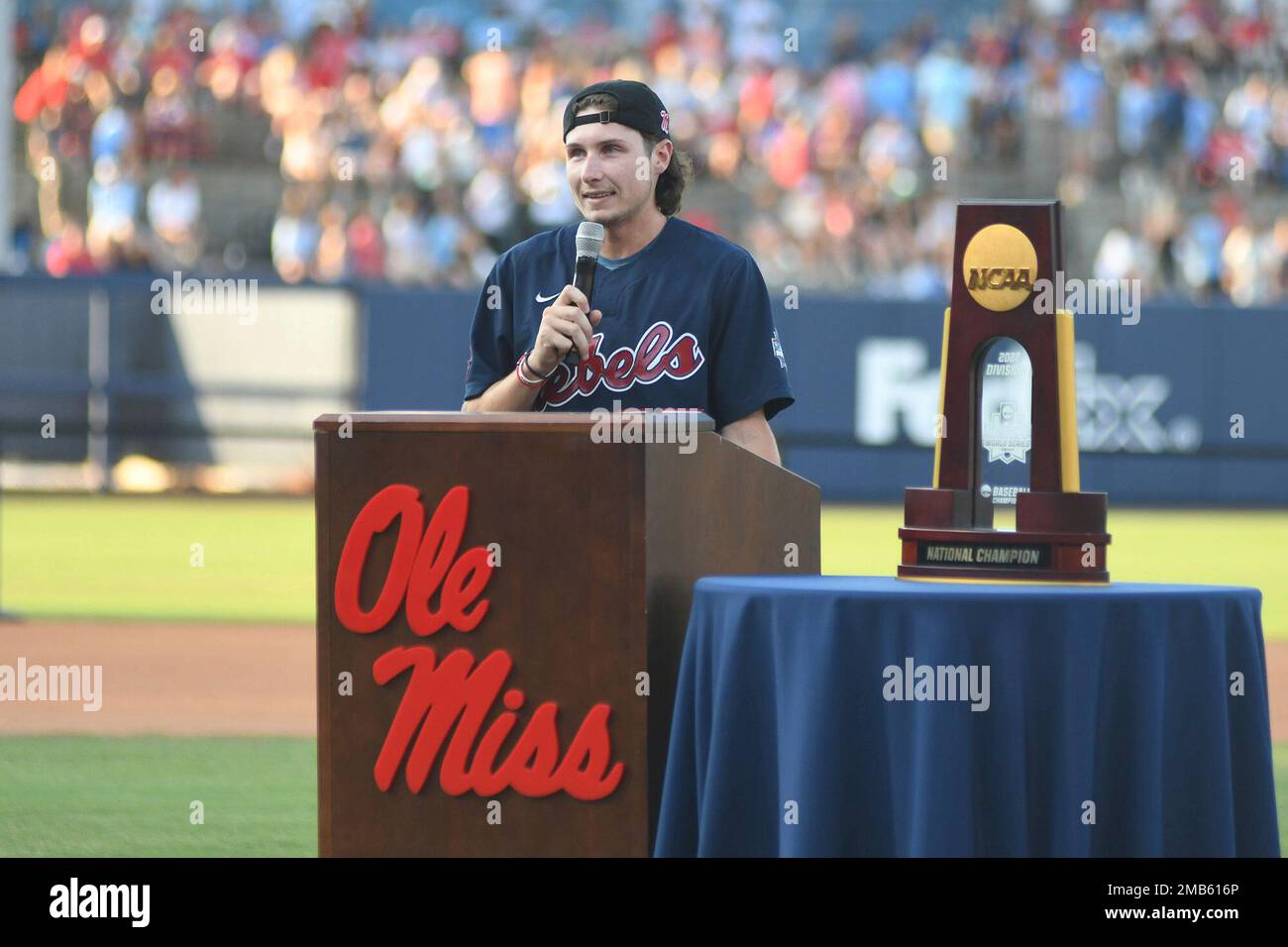 Mississippi outfielder Kevin Graham speaks as the team celebrates its ...