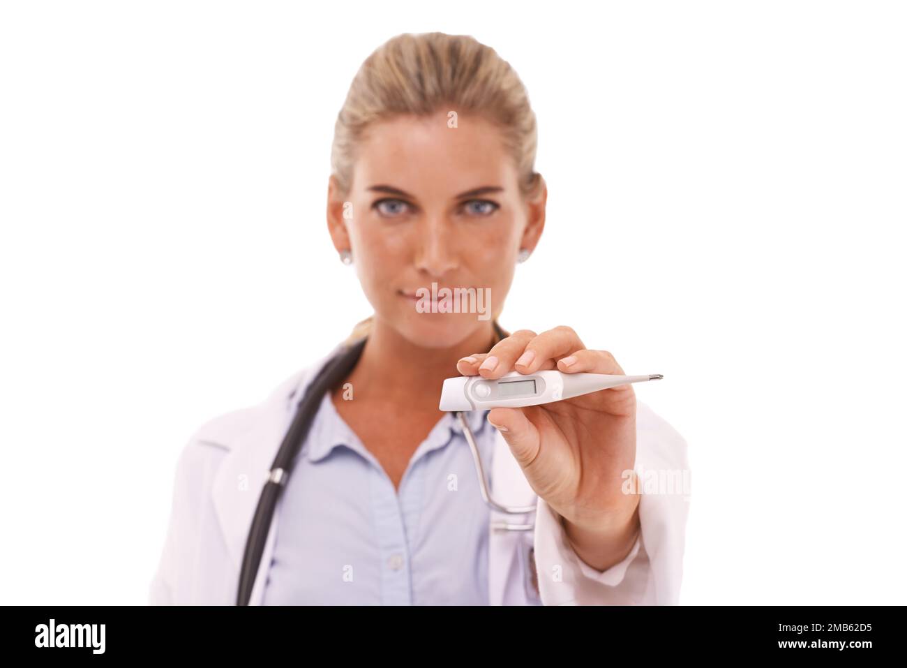 Woman, doctor and holding thermometer for healthcare, checkup or ...
