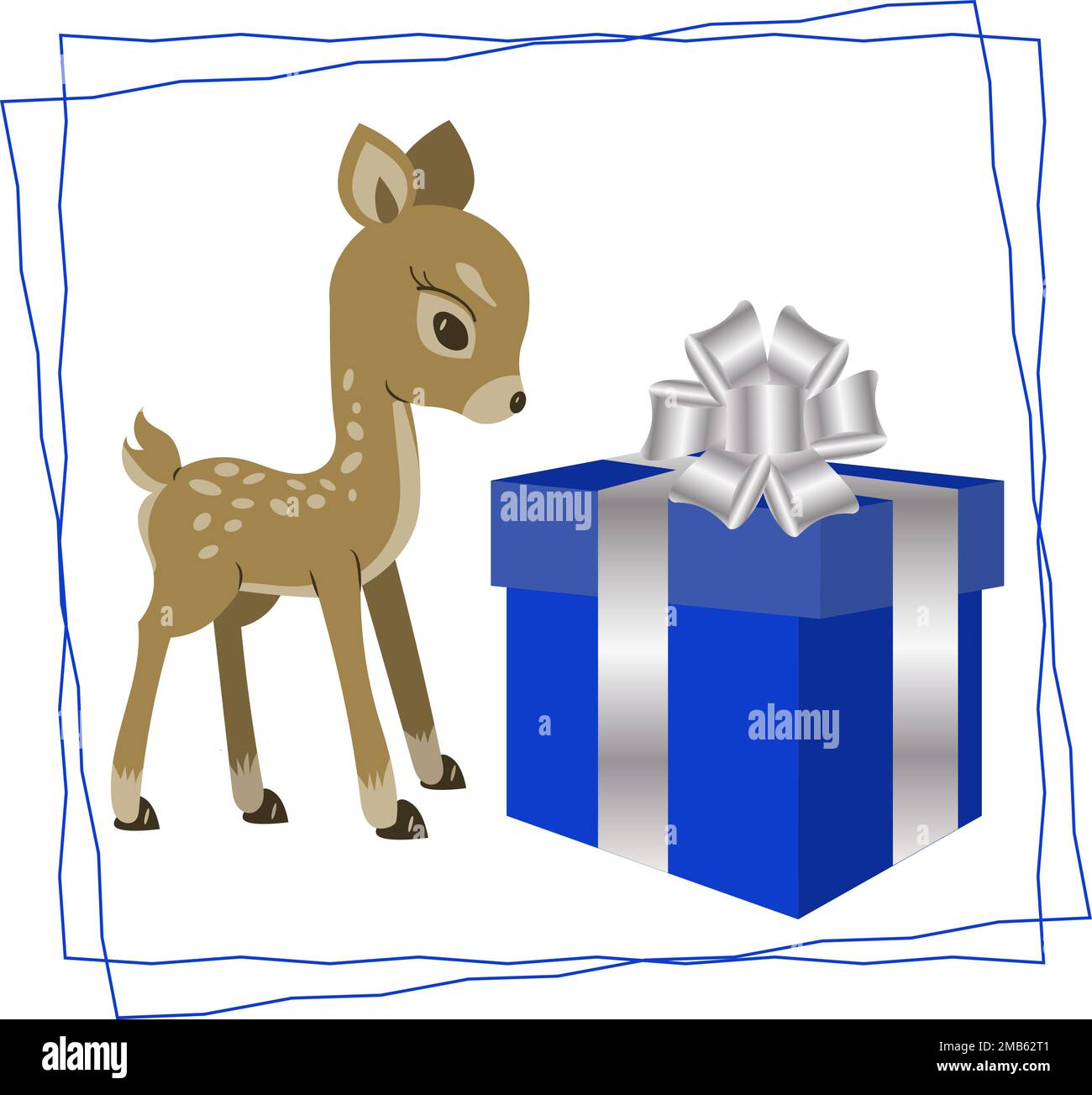 Christmas or birthday greeting card with little deer and blue gift box ...
