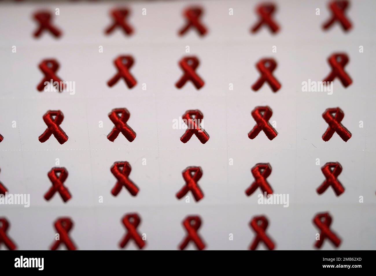 A sheet of red ribbon stickers, for the Red Ribbon Campaign, a drug ...