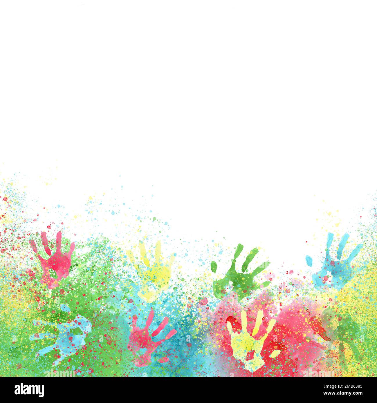 Hand-drawn watercolor border with colorfull background and handprints ...