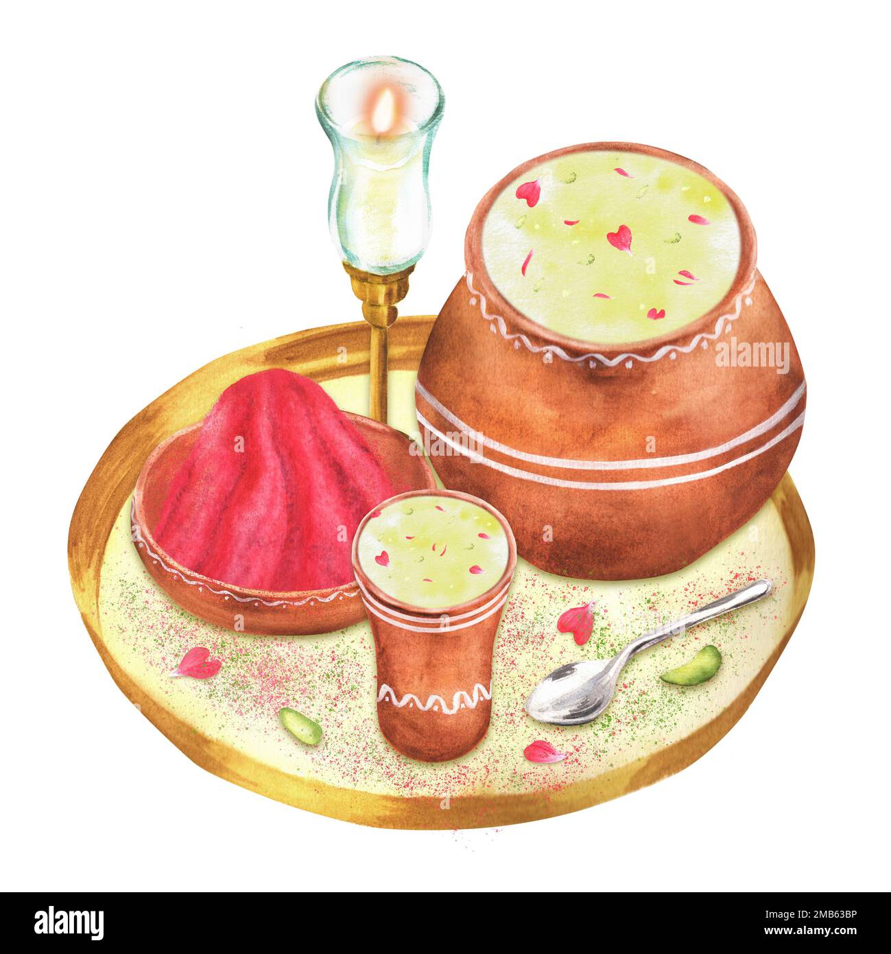 Hand-drawn watercolor composition for Holi celebration: thandai drink ...