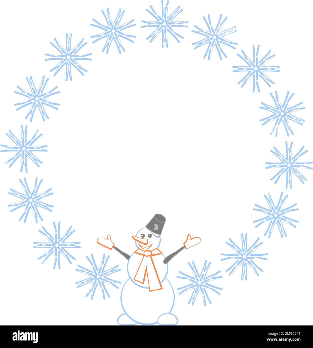 Round winter border with snowman and light blue snowflakes for New Year ...