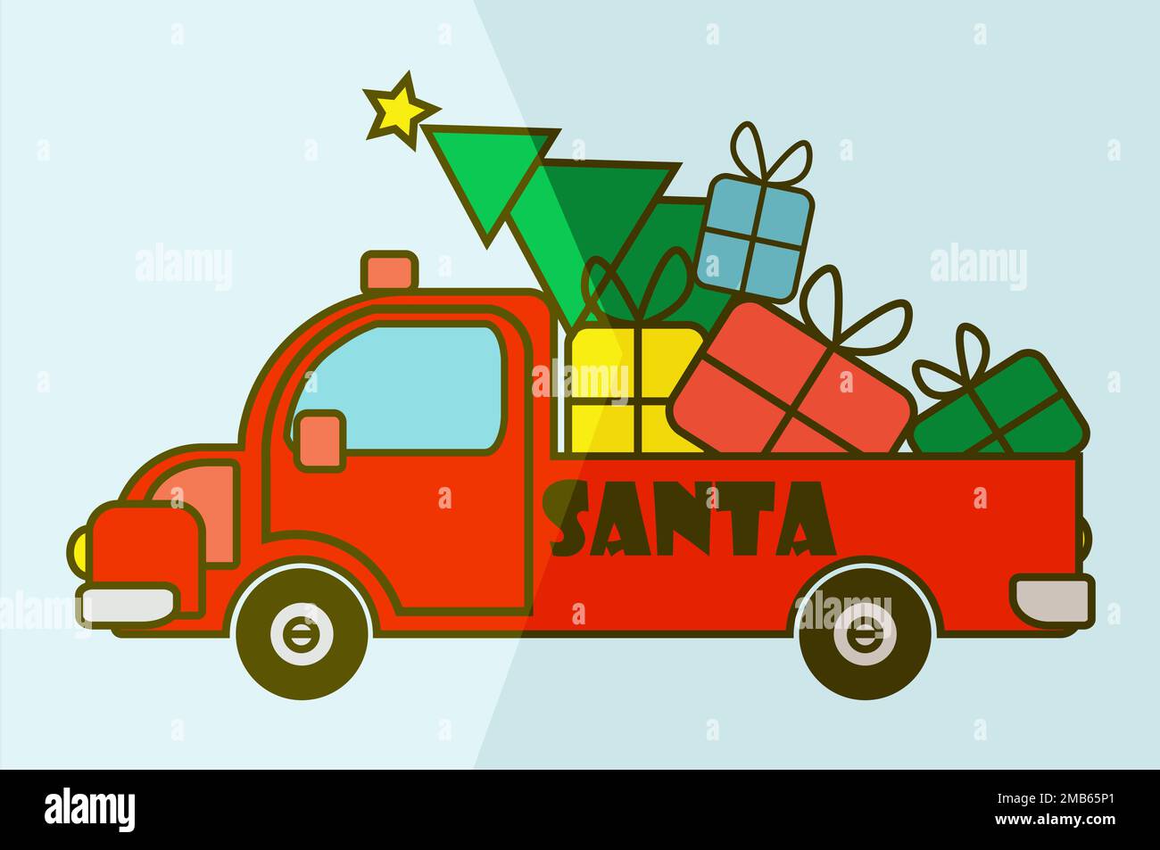 Santa Claus brings on his red car wrapped presents and Christmas tree ...