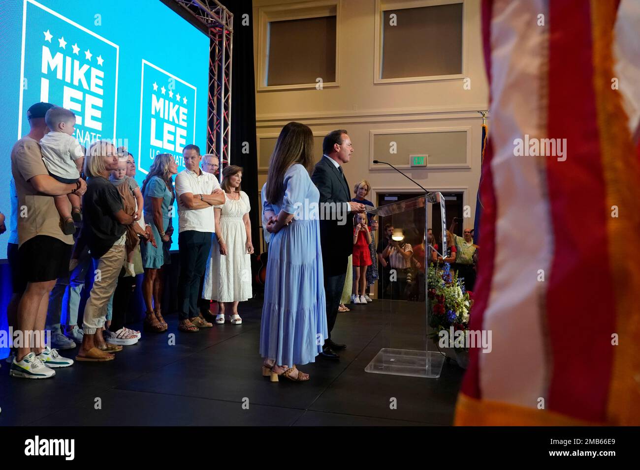 Sen. Mike Lee, right, R-Utah, and his wife, Sharon Lee, in bluek, talk ...