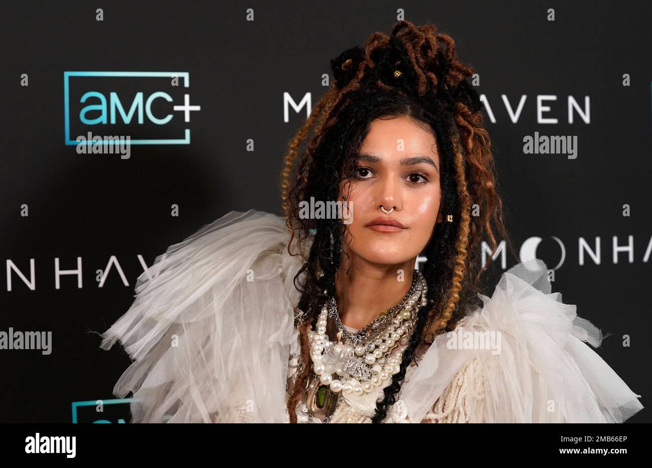 Emma McDonald poses at the premiere of the AMC+ series "Moonhaven" at the London Hotel, Tuesday ...