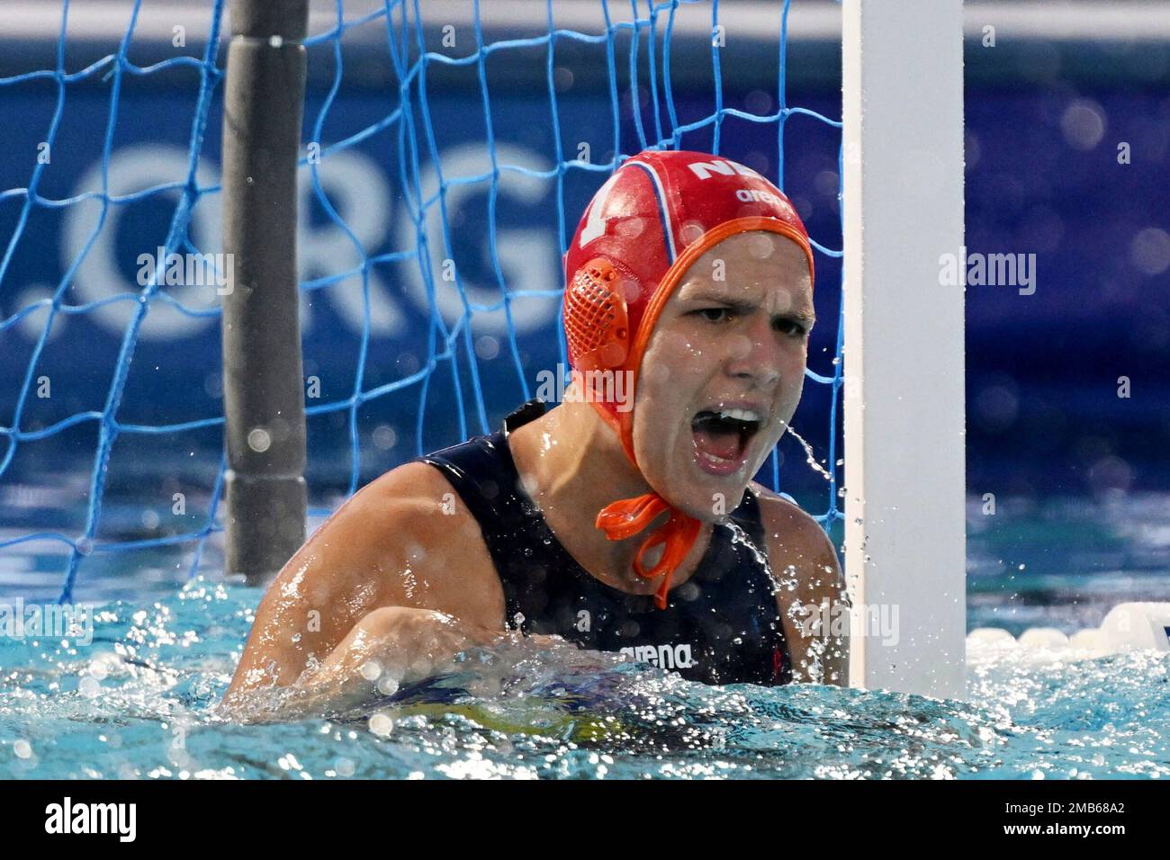 Laura Aarts celebrates after saving, during the women's Water Polo ...