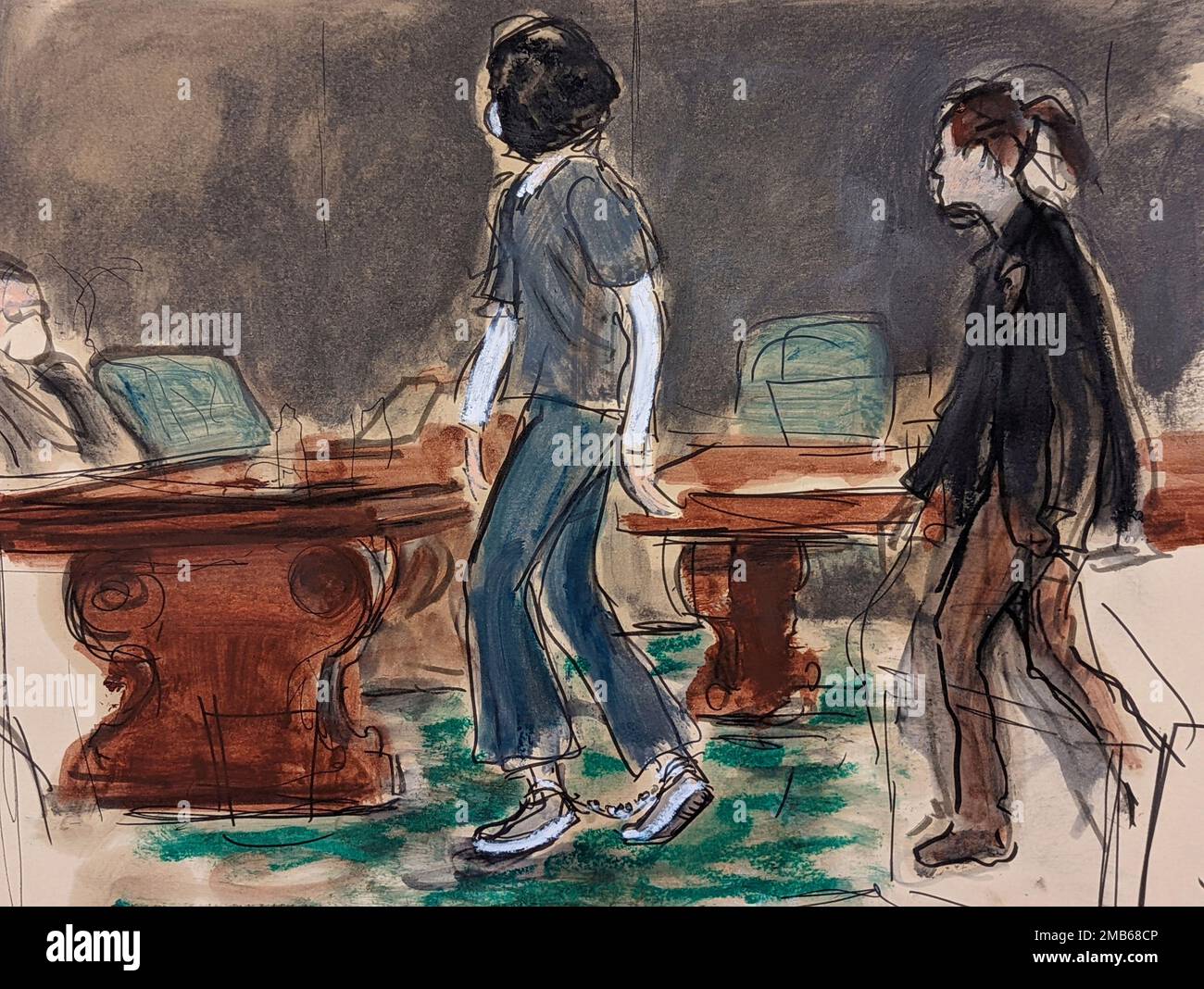 In this courtroom sketch, Ghislaine Maxwell, left, escorted by a U.S ...