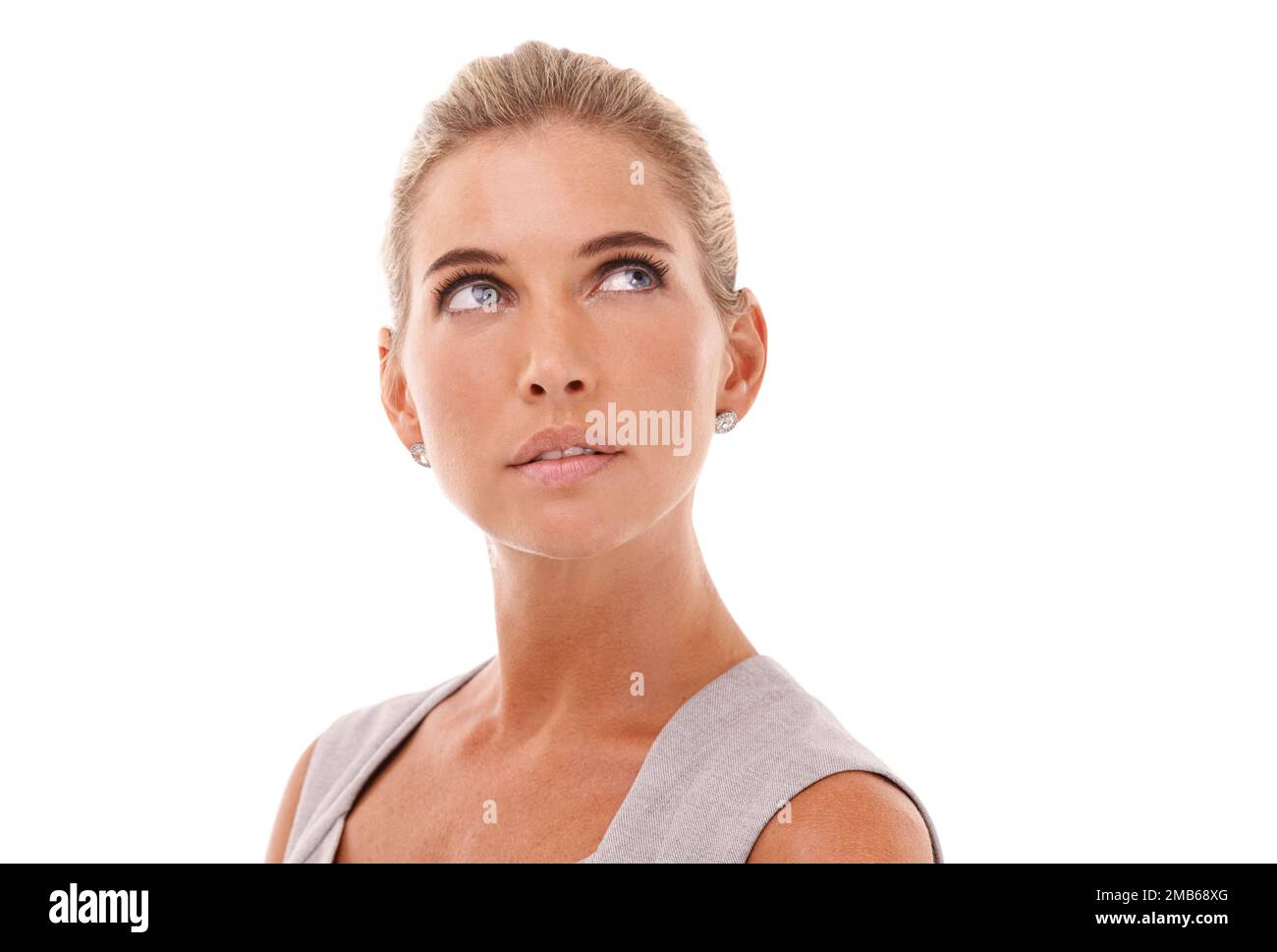 Thinking business woman, face and ideas on isolated white background ...