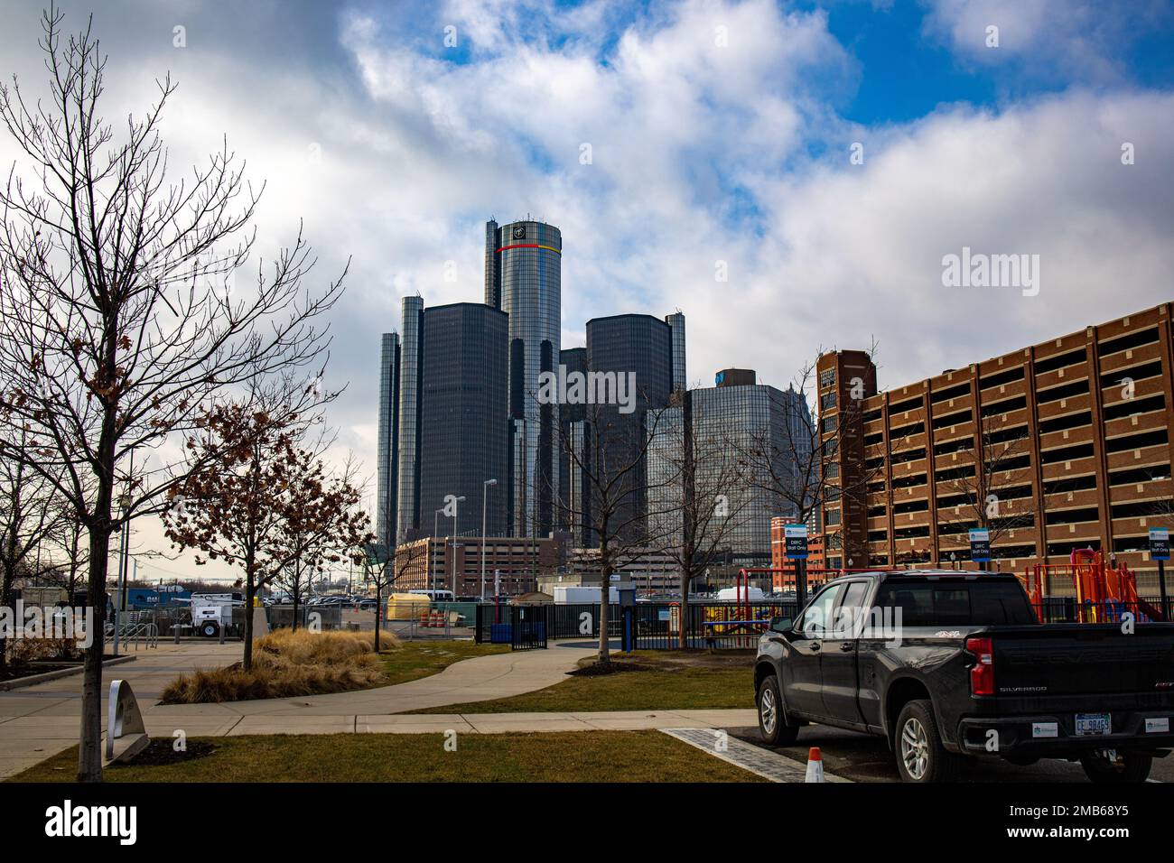A view of Renaissance Center GM World Headquarters in downtown Detroit ...