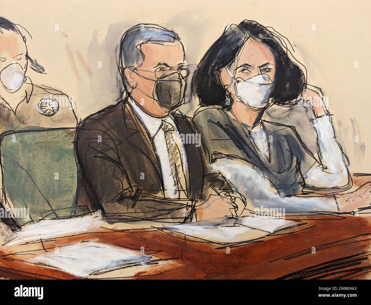 In this courtroom sketch, Ghislaine Maxwell, right, is seated beside ...
