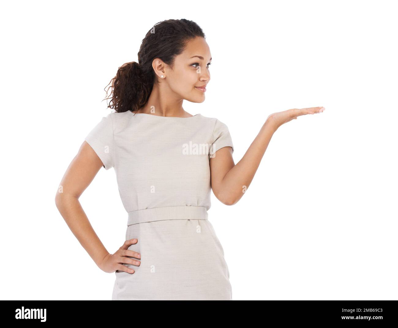 Woman, hand and space for choice or option with product placement for ...