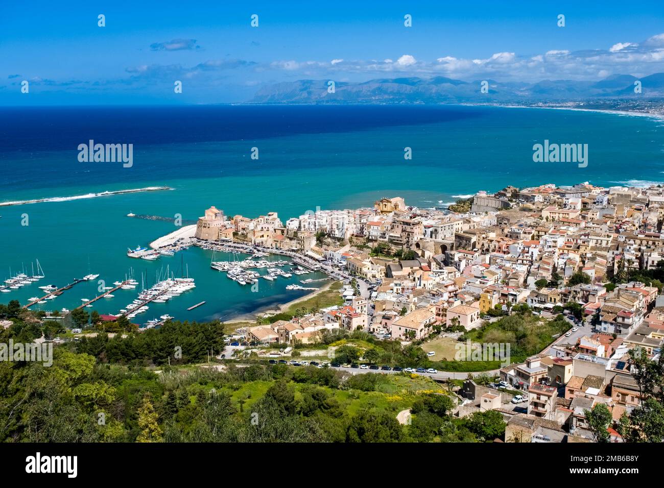 Aerial view on harbour and town of Castellammare del Golfo and the gulf ...