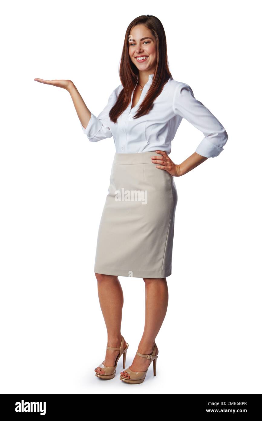 Space, hand and woman on a white background with gesture for display ...