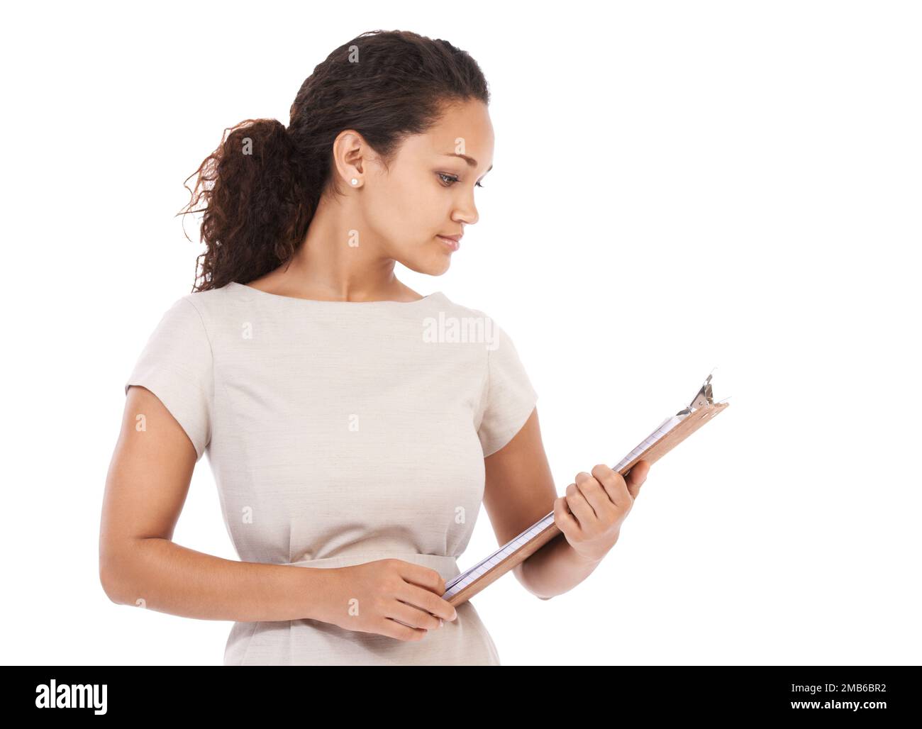 Business, reading and portrait of woman with clipboard survey ...