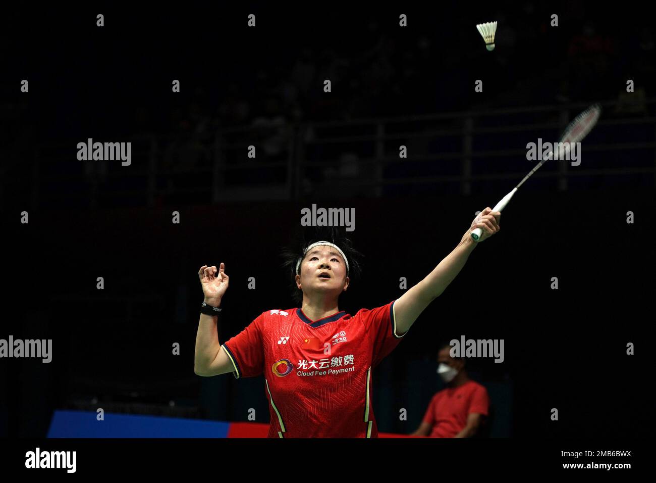 China's He Bing Jiao plays a shot against China's Wang Zhi Yi during their women's singles first ...
