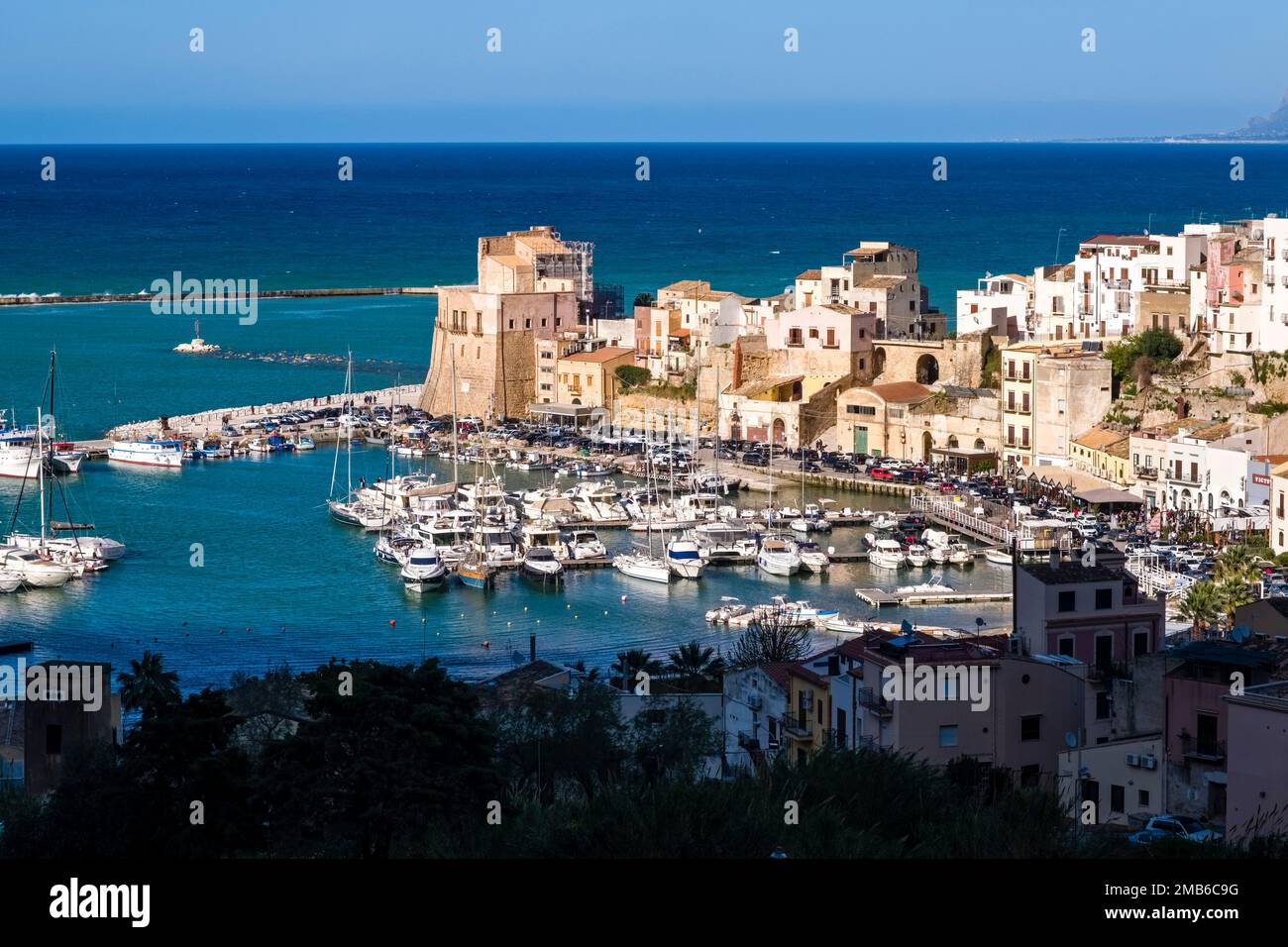 Aerial view on harbour and town of Castellammare del Golfo and the gulf ...