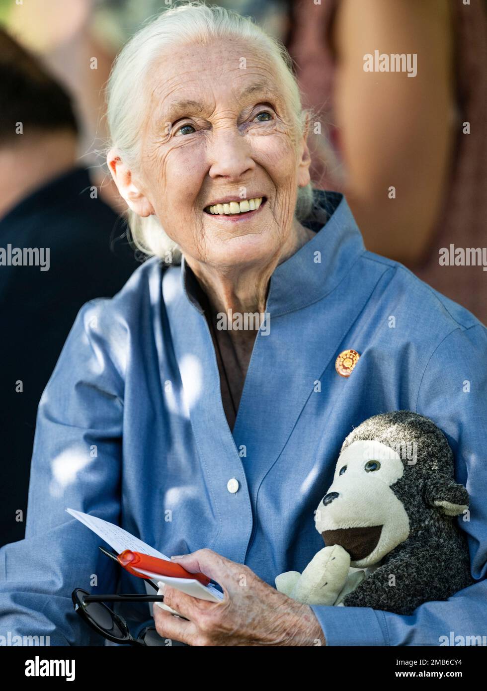 Dr. Jane Goodall looks on and smiles before speaking at the University ...