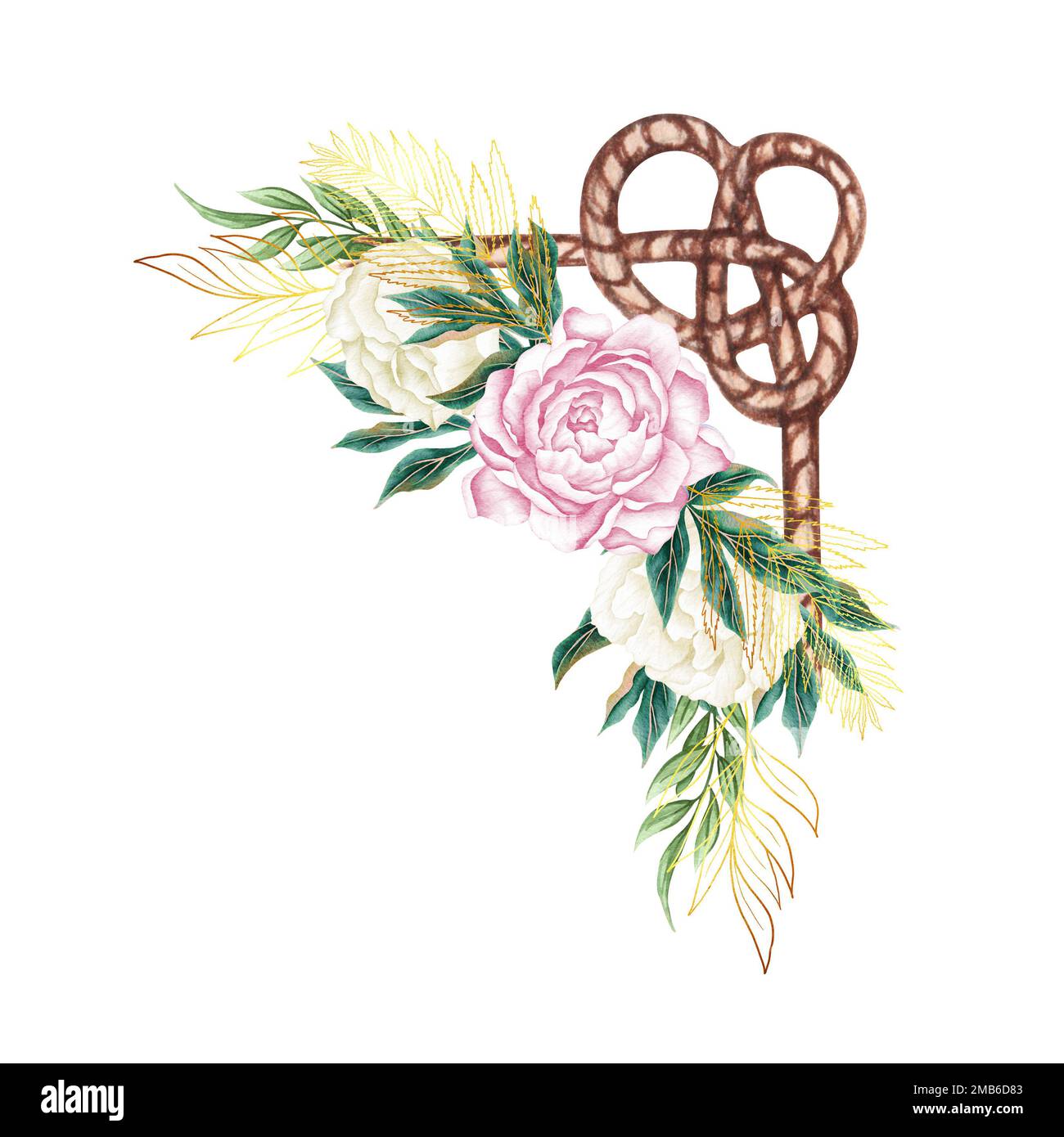 Watercolor hand drawn nautical, marine, pink floral illustration with ...