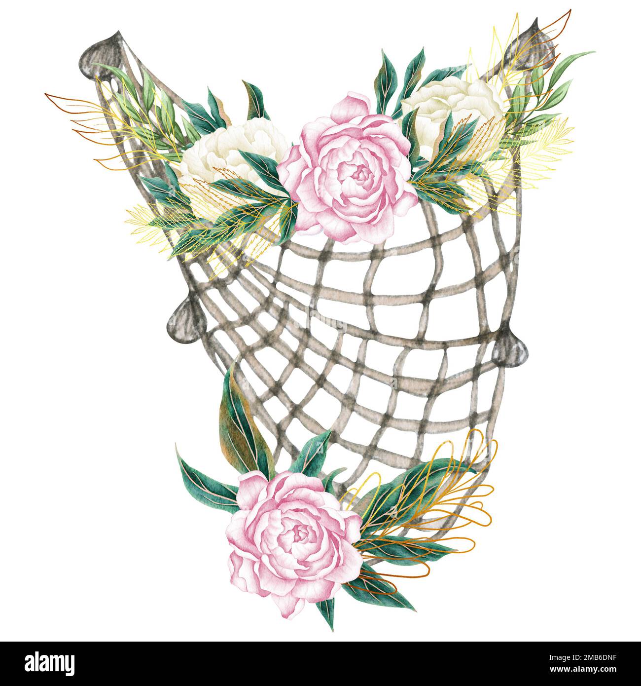 Watercolor hand drawn nautical, marine, pink floral illustration with ...