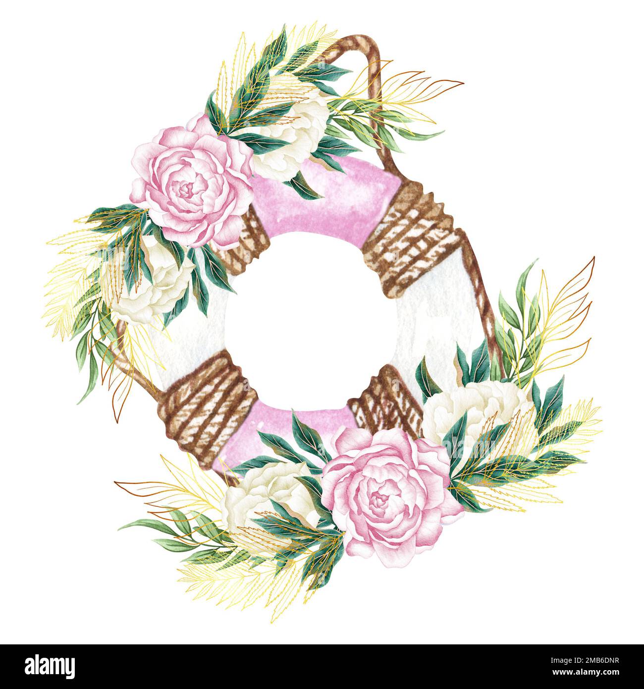 Watercolor hand drawn nautical, marine, pink floral illustration with ...