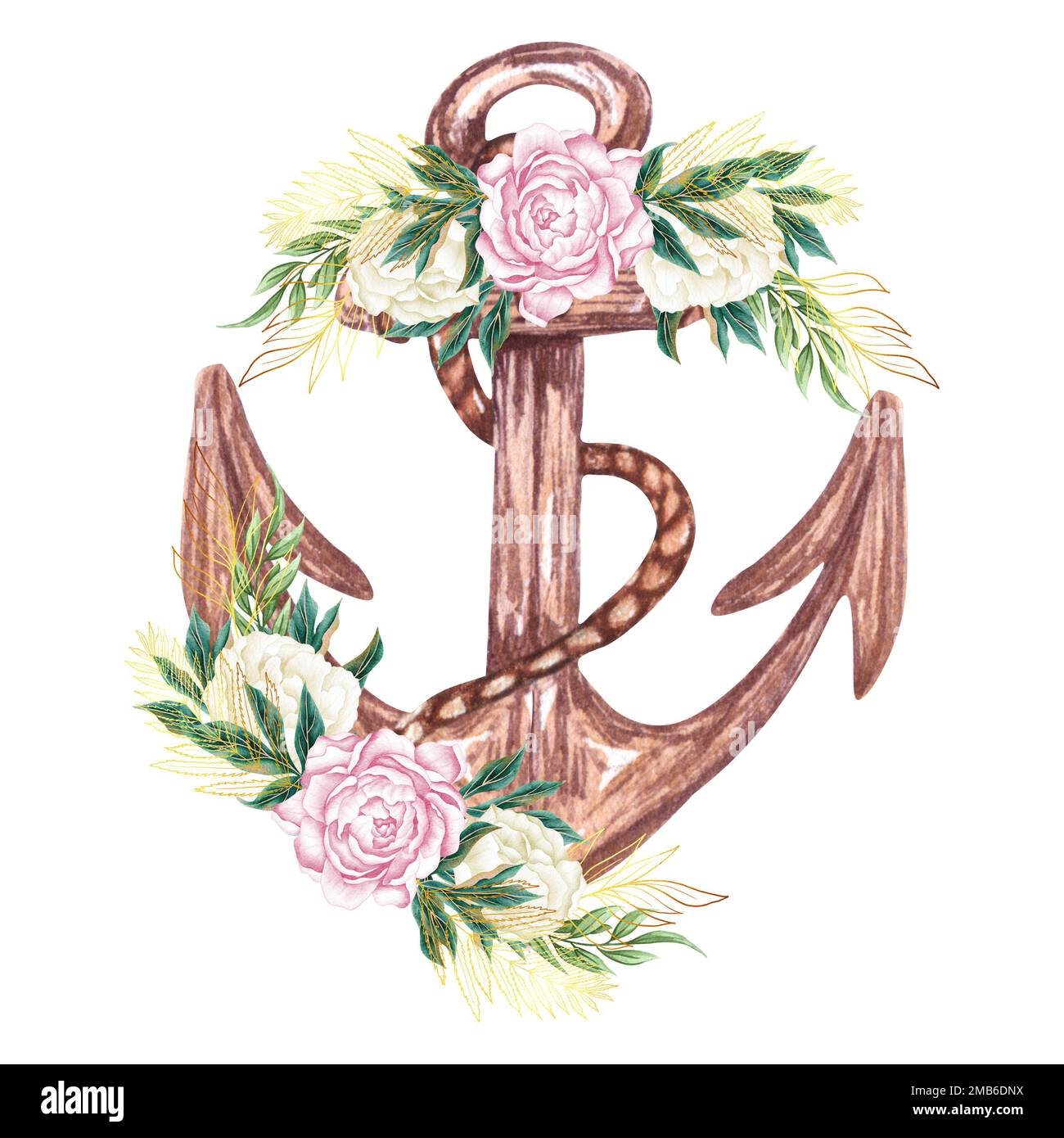 Watercolor hand drawn nautical, marine, pink floral illustration with ...
