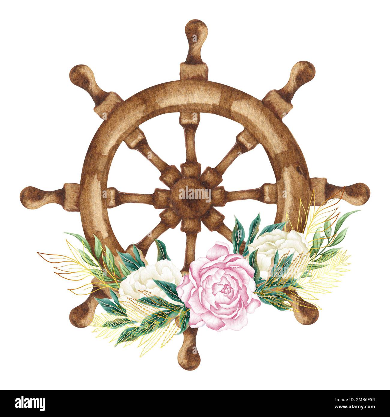 Watercolor hand drawn nautical, marine, pink floral illustration with ...