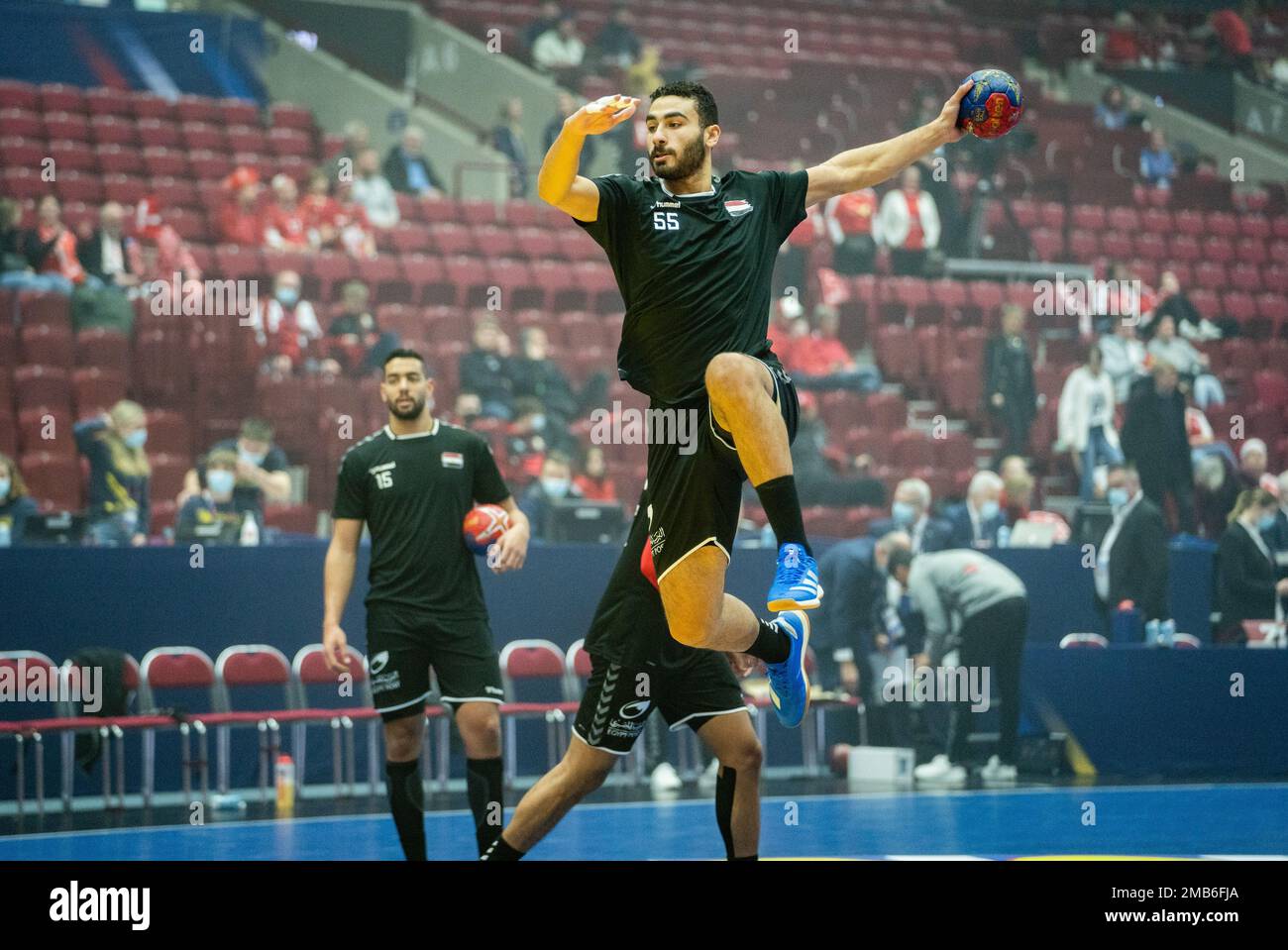 Malmo, Sweden. 19th Jan, 2023. Mohsen Mahmoud (55) of Egypt is warming ...