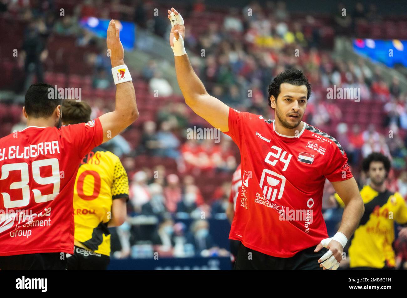 Malmo, Sweden. 19th Jan, 2023. Ibrahim Elmasry (24) and Yehia Elderaa (39) of Egypt seen during ...