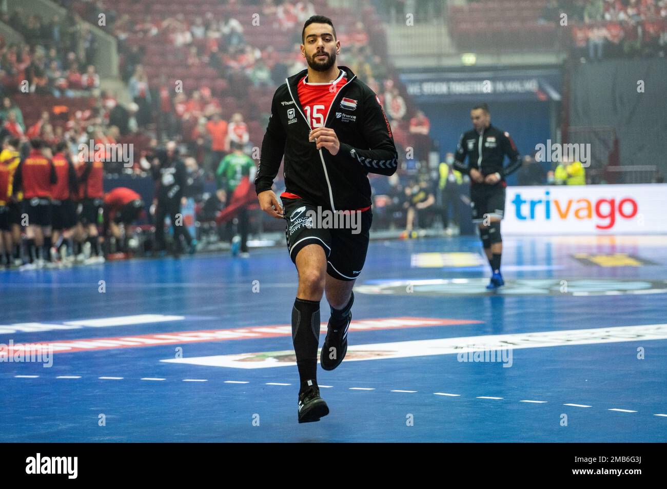 Malmo, Sweden. 19th Jan, 2023. Ahmed Mohamed (15) of Egypt is warming up before the IHF World ...