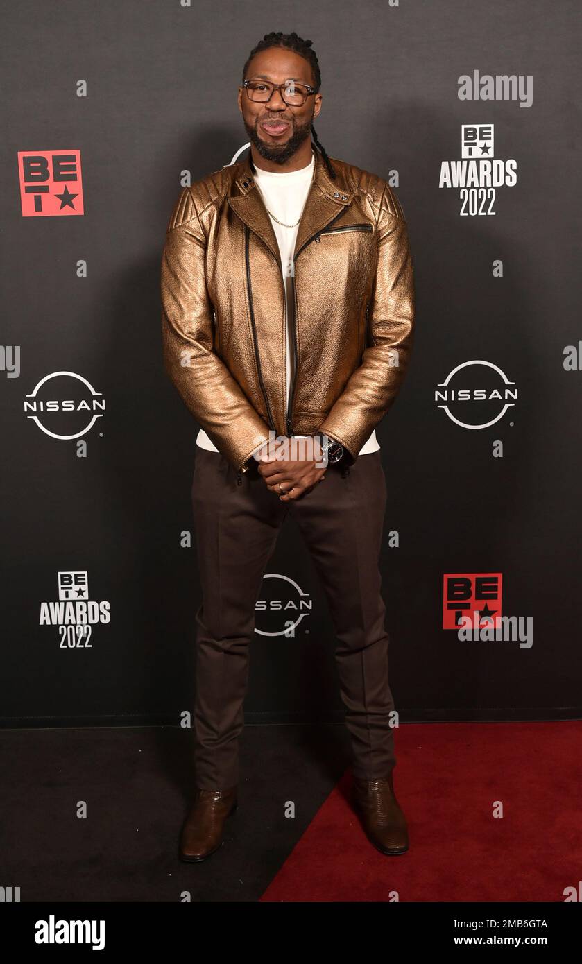 Matthew A. Cherry poses in the press room at the BET Awards on Sunday ...
