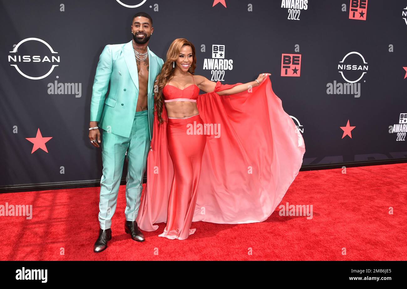 Skyh Alvester Black, left, and KJ Smith arrive at the BET Awards on ...
