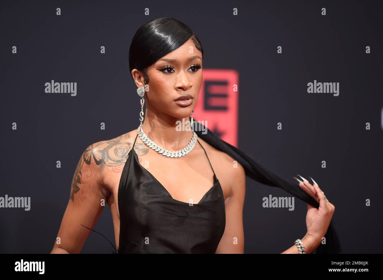 Lakeyah arrives at the BET Awards on Sunday, June 26, 2022, at the Microsoft Theater in Los ...