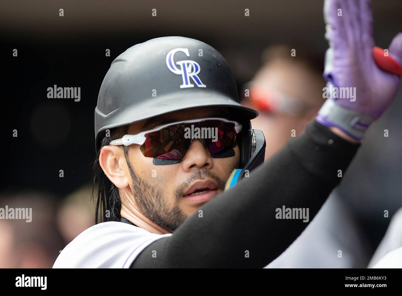 Colorado Rockies first baseman Connor Joe is congratulated by teammates ...