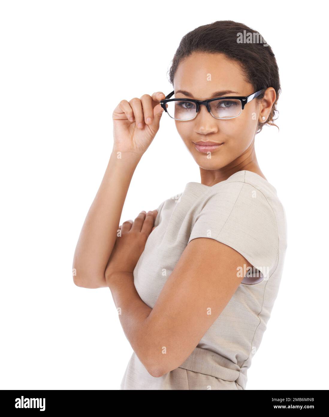 Portrait, vision and glasses with a black woman in studio on a white ...
