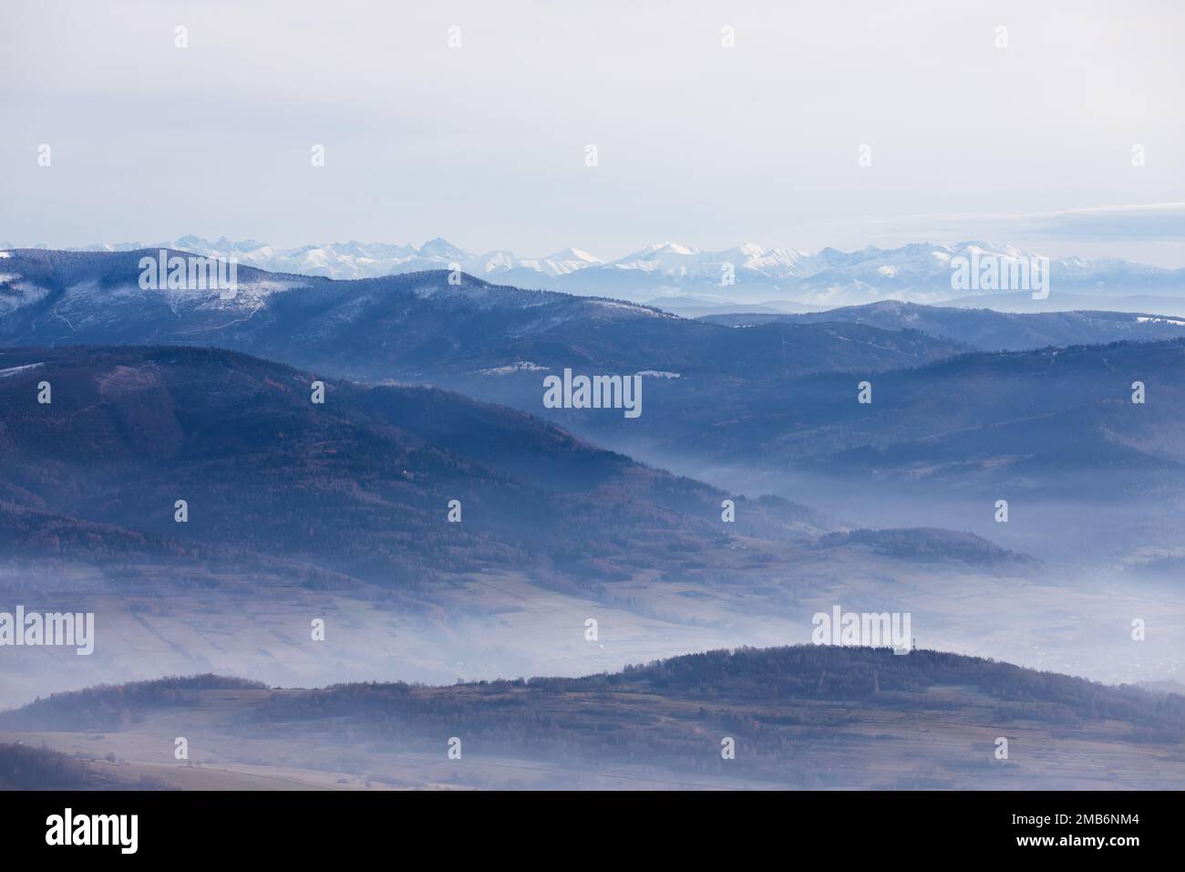 Dramatic winter landscape with hills and valleys covered with fog Stock ...