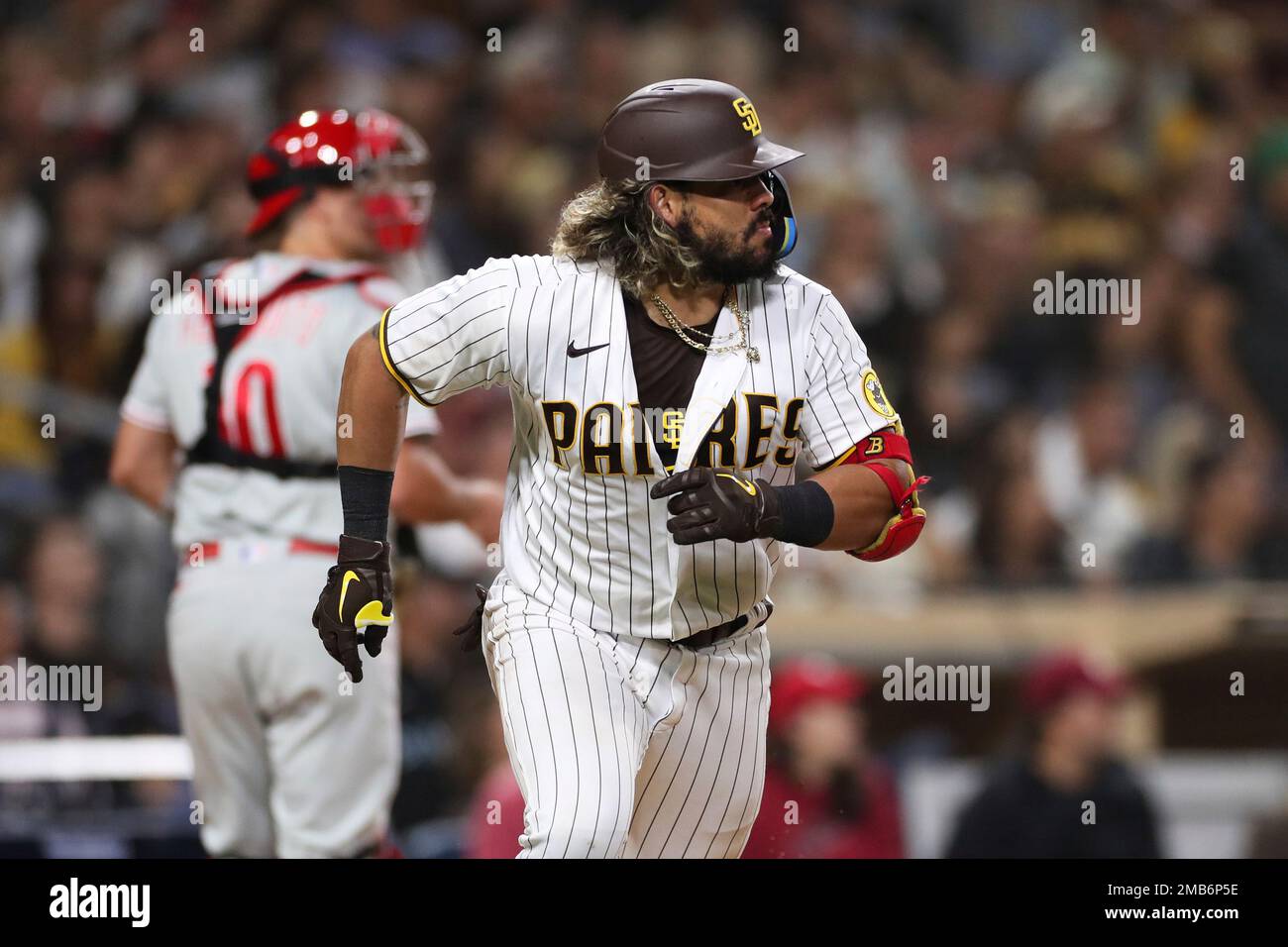 San Diego Padres' Jorge Alfaro watches his two RBI double against the ...