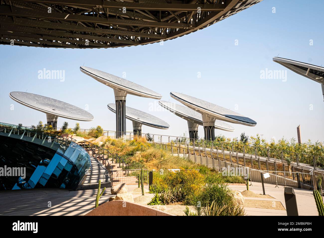 large solar panels on the background of the sky in sunlight. The ...