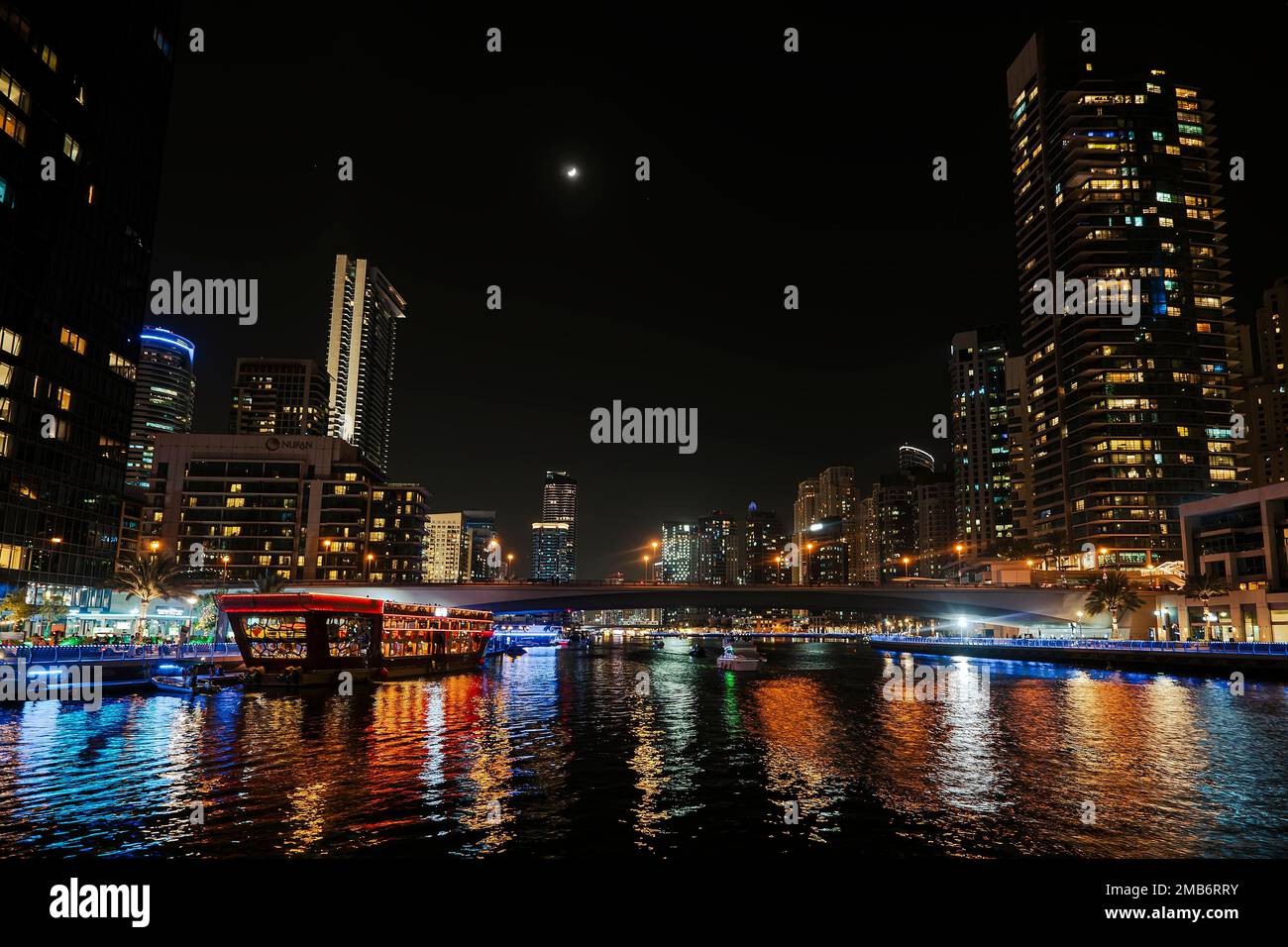 Dubai marina skyscrapers during night hours. Beautiful night view of ...