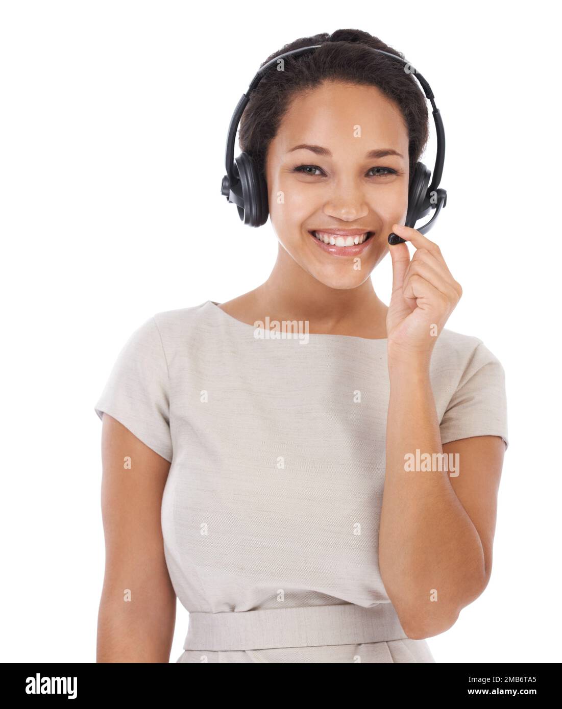 Woman, studio portrait and call center headphones with smile ...