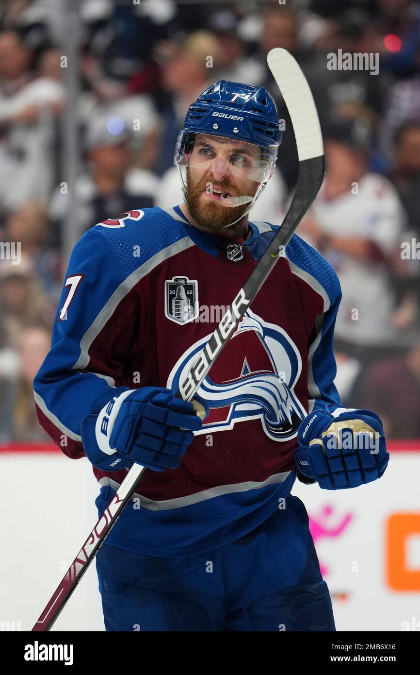 Colorado Avalanche defenseman Devon Toews (7) looks on against the ...